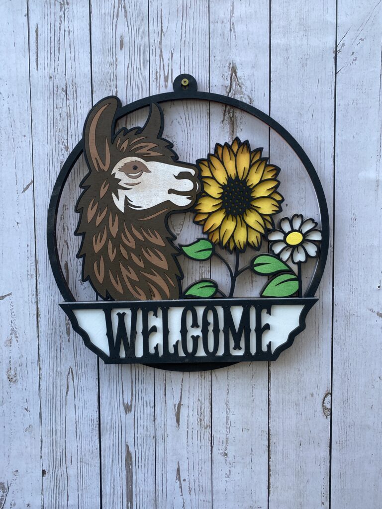 Llama and Sunflower Welcome Sign - VI Woodcraft